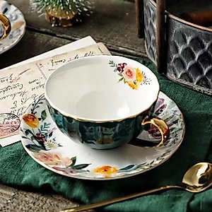 Green Tea Cup and Saucer,Porcelain Coffee Cup China Tea Cups and Saucers Royal Ceramic Floral Lined Teacup with Gold Trim,8 oz Vintage British Cup Tea Sets for Latte,Cappuccino,Teaparty,Birthday Gift