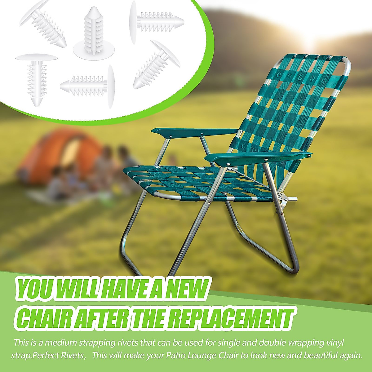 100 Pieces Patio Strapping Rivets Fasteners 3/4" Length Medium Multi Gauge Rivet for Patio Lawn Chair Webbing Repair Strap for Outdoor Furniture Lounge 1/4 Inch Hole (White)