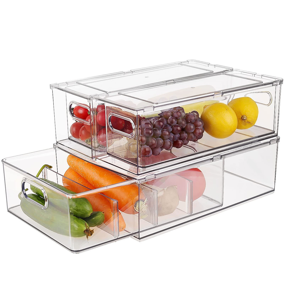 2 Pack Refrigerator Organizer Bins with Pull-out Drawer, Stackable Fridge Drawer Organizer Set with Handle, BPA-free Drawable Clear Storage Cases for Freezer, Cabinet, Kitchen, Pantry Organization