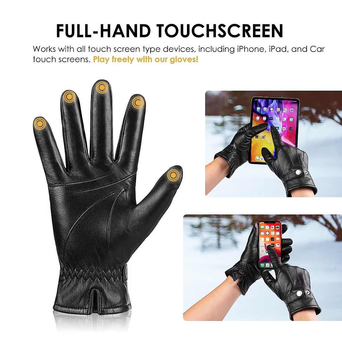 MAGILINK Genuine Sheepskin Leather Gloves for Men, Winter Warm Touchscreen Gloves Thinsulate Lined, Driving Motorcycle Gloves(Black-L)