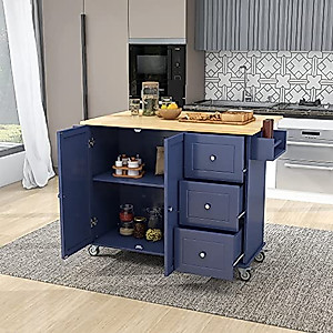 FEELLE Rolling Mobile Kitchen Island with Drop Leaf - Solid Wood Top, Locking Wheels & Storage Cabinet 52.7 Inch Width（Dark Blue）