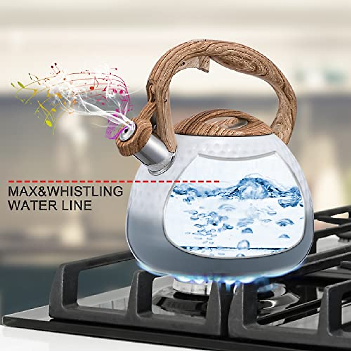 Tea Kettle, Stovetop Teapot, 2.7 Quart, Loud Whistle, Food Grade Stainless Steel and Smooth Wood Pattern Handle, Sophisticated Look for Hiking, Picnic, for Tea, Coffee, Milk (White)