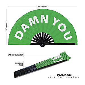 Damn You hand fan foldable bamboo circuit hand fan funny gag slang words expressions statement gifts Festival accessories Rave handheld Circuit event fan Clack fans (Green)