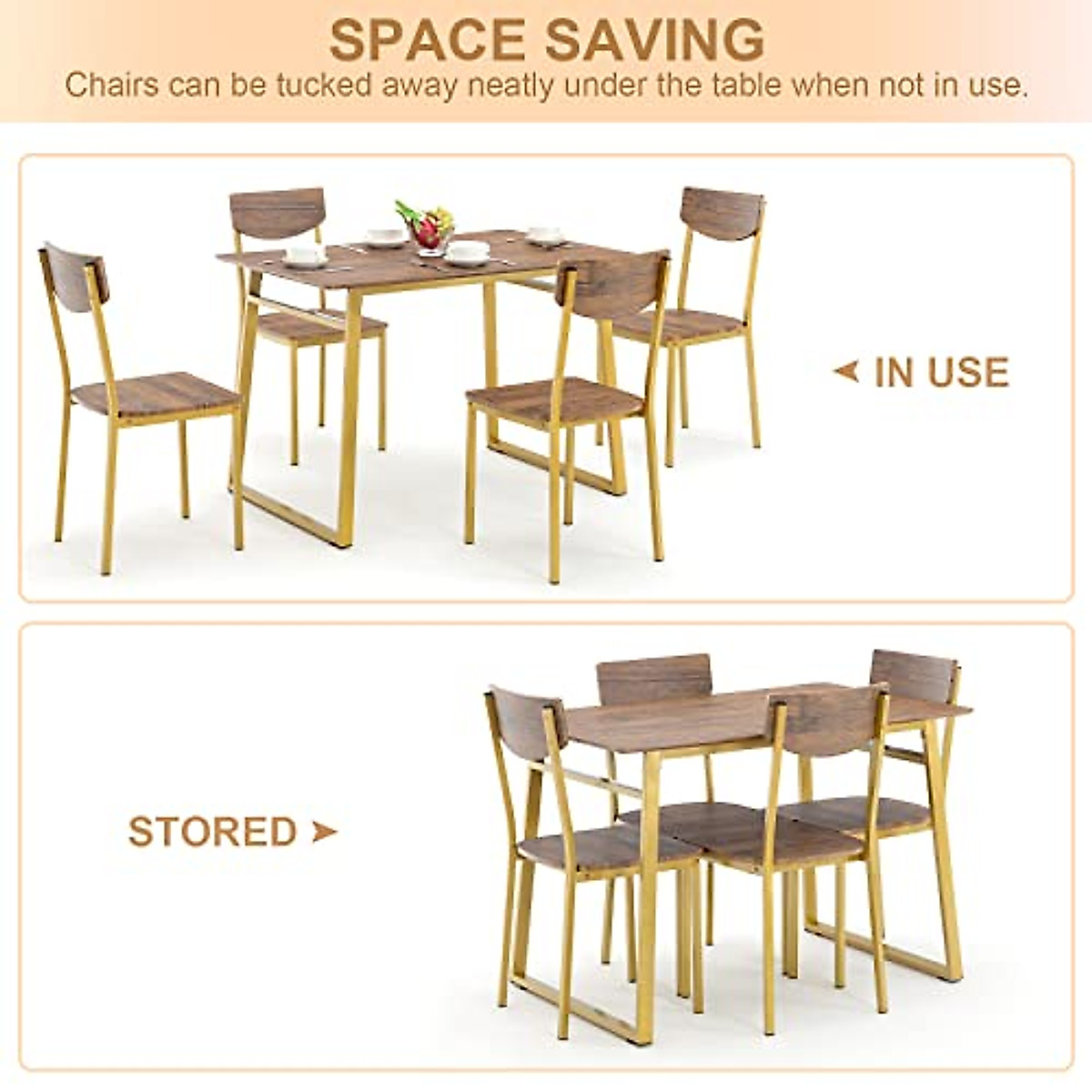 JOMEED 5 Piece Dining Table Set for 4 Kitchen Table and Chairs for 4 Space Saving Metal and Wood Rectangular Dining Table with Chairs Perfect for Dining Room, Kitchen and Small Spaces