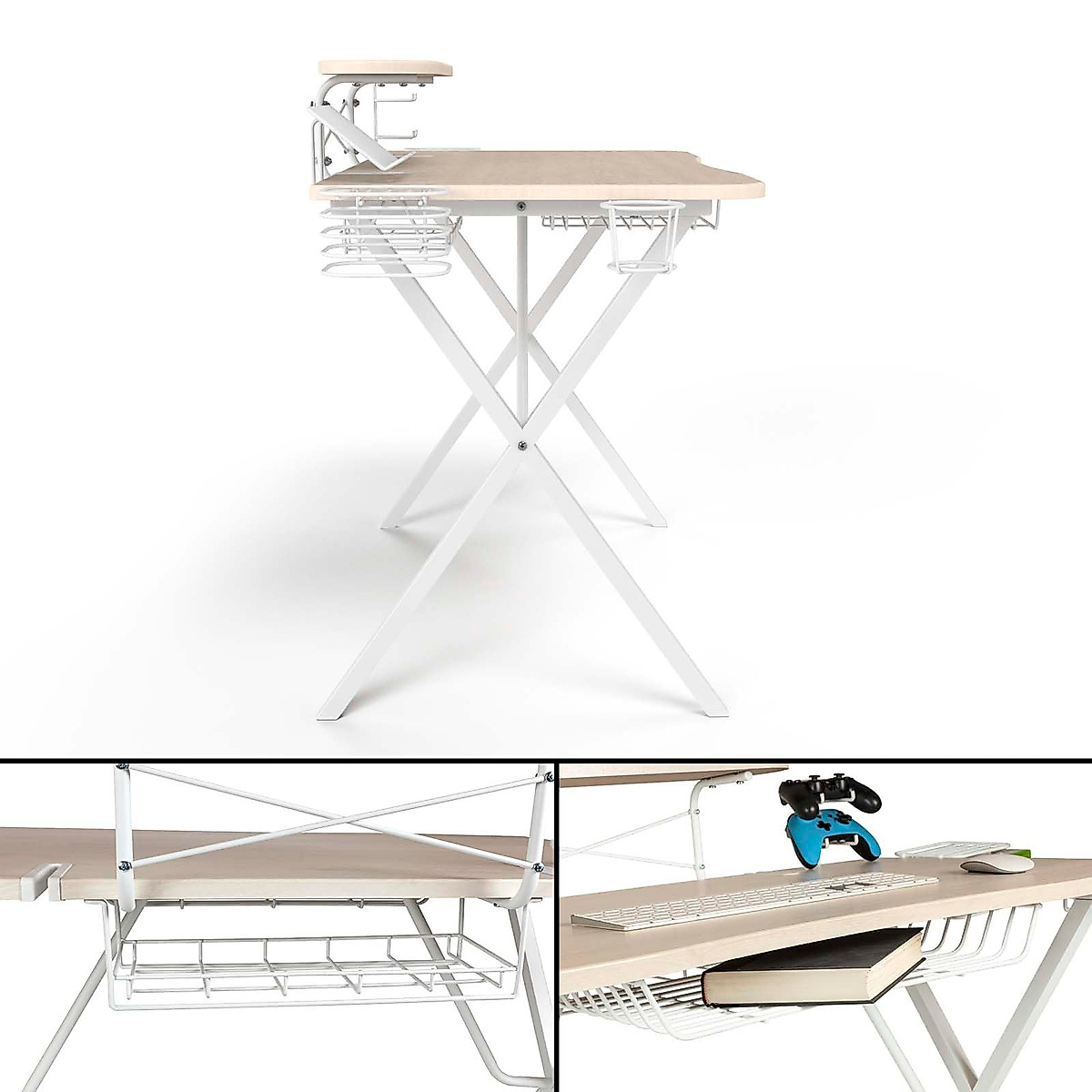 DUNTRKDU Desk Computer Desk 40"x 23.5" Home Office Desk Extra Large Modern Ergonomic Black Table Gamer Workstation with Cup Holder Headphone Hook (White)