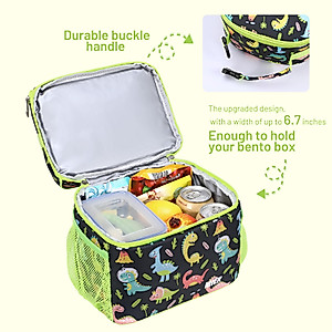 MIER Kids Lunch Bag for Boys Girls Insulated Toddlers Lunch Box Bags Kid Lunch Cooler Tote for School Picnic Travel Outdoor, Dual Compartments, Green/Black-Dinosaur