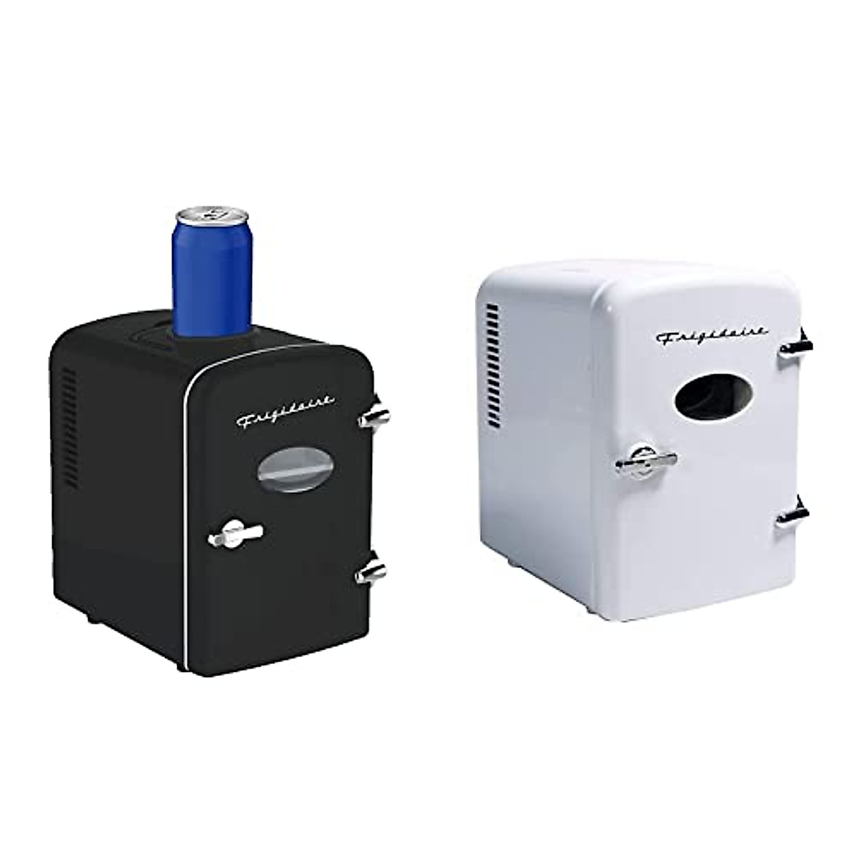 Frigidaire EFMIS171-BLACK 6+1 Retro Mini Portable Personal Fridge/Cooler for Home, Office or Dorm with Active Cooling Can Holder on Top, Black, standard & EFMIS129-WHITE 6 Can Beverage Cooler, White