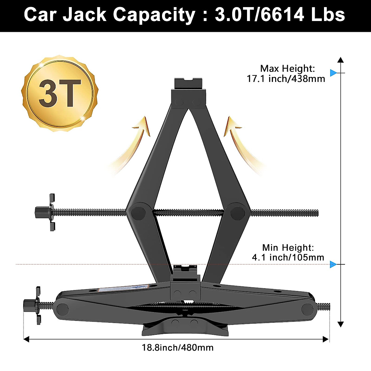 IMAYCC 3 Ton (6609 lbs) Car Jack - Bi-Directional Scissor Jack for Sedan, Coupe, SUV, MPV & More