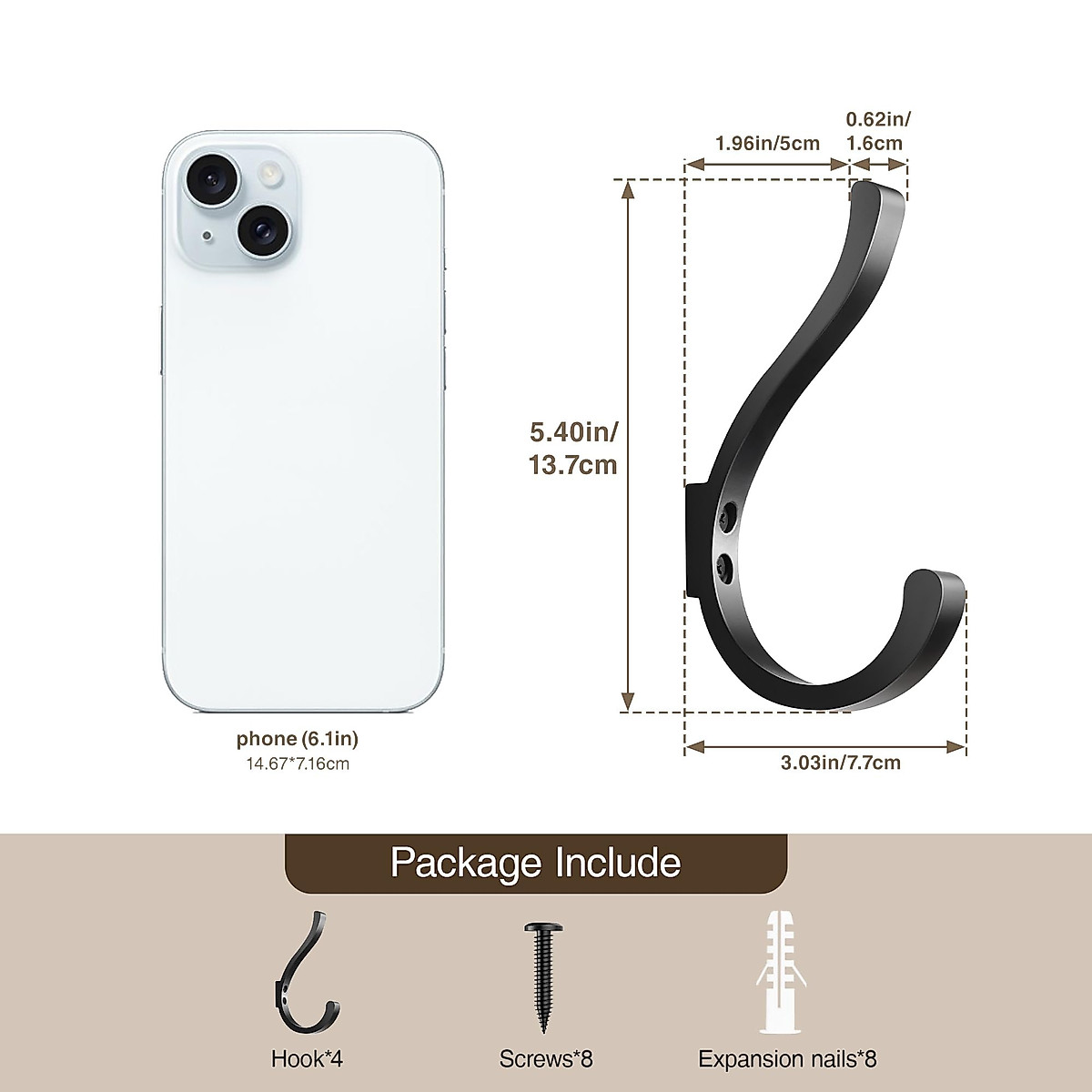 jockcaras Large Wall Hooks for Hanging Coat/Backpack - 5.4'' Huge 40LBS Heavy Duty Hanger Wall Mount Screw in, for Towel, Closet, Robe, Bag, Outdoor, Black 4 Pack