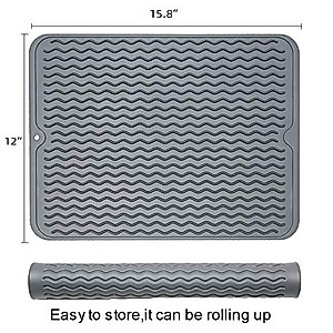 ZLR Silicone Dish Drying Mat for Kitchen Counter Large - Multi Usage Eco Friendly Drying Matt Kitchen Counter - Easy to Clean Heat Resistant Dish Drying Pad - 12" x 16" - Gray