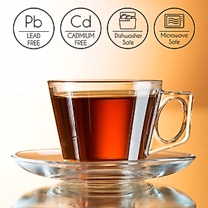 Volarium Tea Cups and Saucers Sets, 6PCs Clear Glass Coffee Mugs and 6PCs Glass Saucers, Ideal 6.5 Ounce Size for Cappuccino, Specialty Coffee Drinks, Latte, Cafe Mocha and Tea