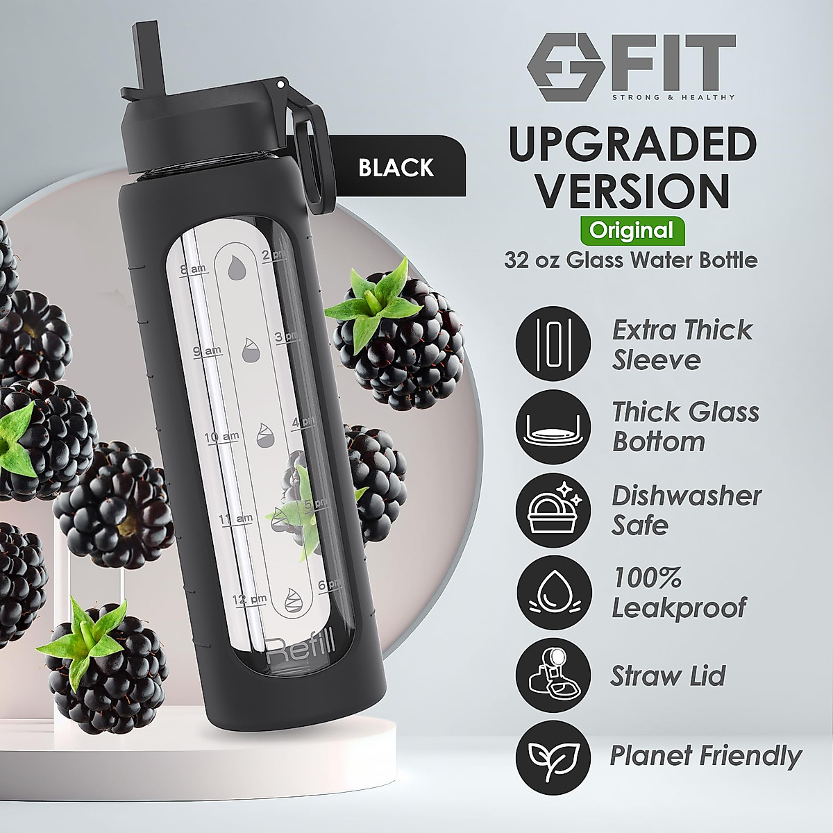 32 oz Glass Water Bottle with Straw Lid, Time Marker, Sleeve & Extra Lid - Motivational, Wide Mouth, Large BPA-Free 1 Liter Glass Water Bottle, Glass Drinking Bottle, Waterbottle (Black Sleeve)