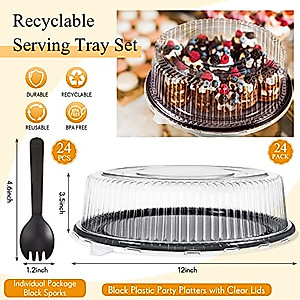 24 Pack 12 Inch Heavy Duty Serving Tray with Clear Lid and Sporks, Large Plastic Tray with Elegant Platter Round Black Disposable for Fruit Sandwich Party Takeout Food Catering Picnic