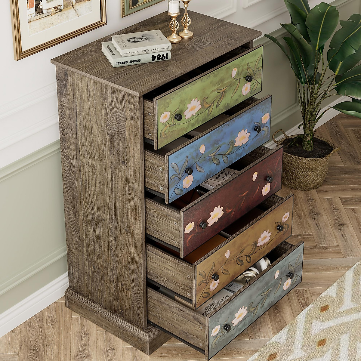 FINETONES 5 Drawer Dresser, Wood Dresser Boho Dresser Chest of Drawers, Tall Dresser with Large Storage Space, 16.3D x 23.6W x 39.4H Inch Wood Dresser Accent Dresser for Home Office