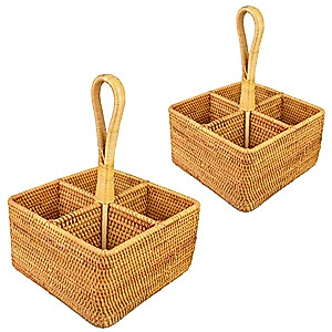 i-lan 2 Pack 4 Section Square Rattan Basket with Handle, 7”Divided Woven Remote Control Basket Tray with 5”Wall , Boho Catch-all Bottle Caddy Serving Basket Box for Cosmetic Organizer Utensils Holder