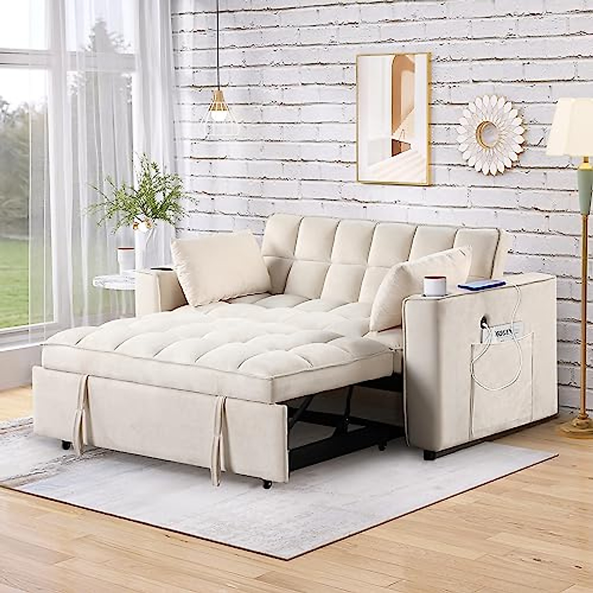Eafurn Pull Out Sleeper Couch Convertible Futon Loveseat Sofa, 55.3", Beige with Cup Holder and USB Port