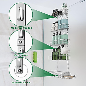 Over the Door Shower Caddy, 5-Tier Adjustable Hanging Shower Organizer Rustproof Metal Bathroom Storage Shelf Shower Basket with Soap Holder & Suction Cup for Shampoo, Conditioner, Sliver