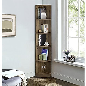 ICE ARMOR 5 Tier Corner Bookcase Wooden Display Bookshelf Storage Rack Multipurpose Shelving Unit for Living Room and Home Office in Weathered Oak Finish, 71inch