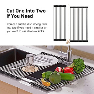 EMBATHER Roll Up Dish Drying Rack Over The Sink, 20.8'' x 18.1'' Dish Drying Rack for Kitchen Counter, Multipurpose Silicone Wrapped Foldable Kitchen Drainer Rack, Anti-Slip, Black