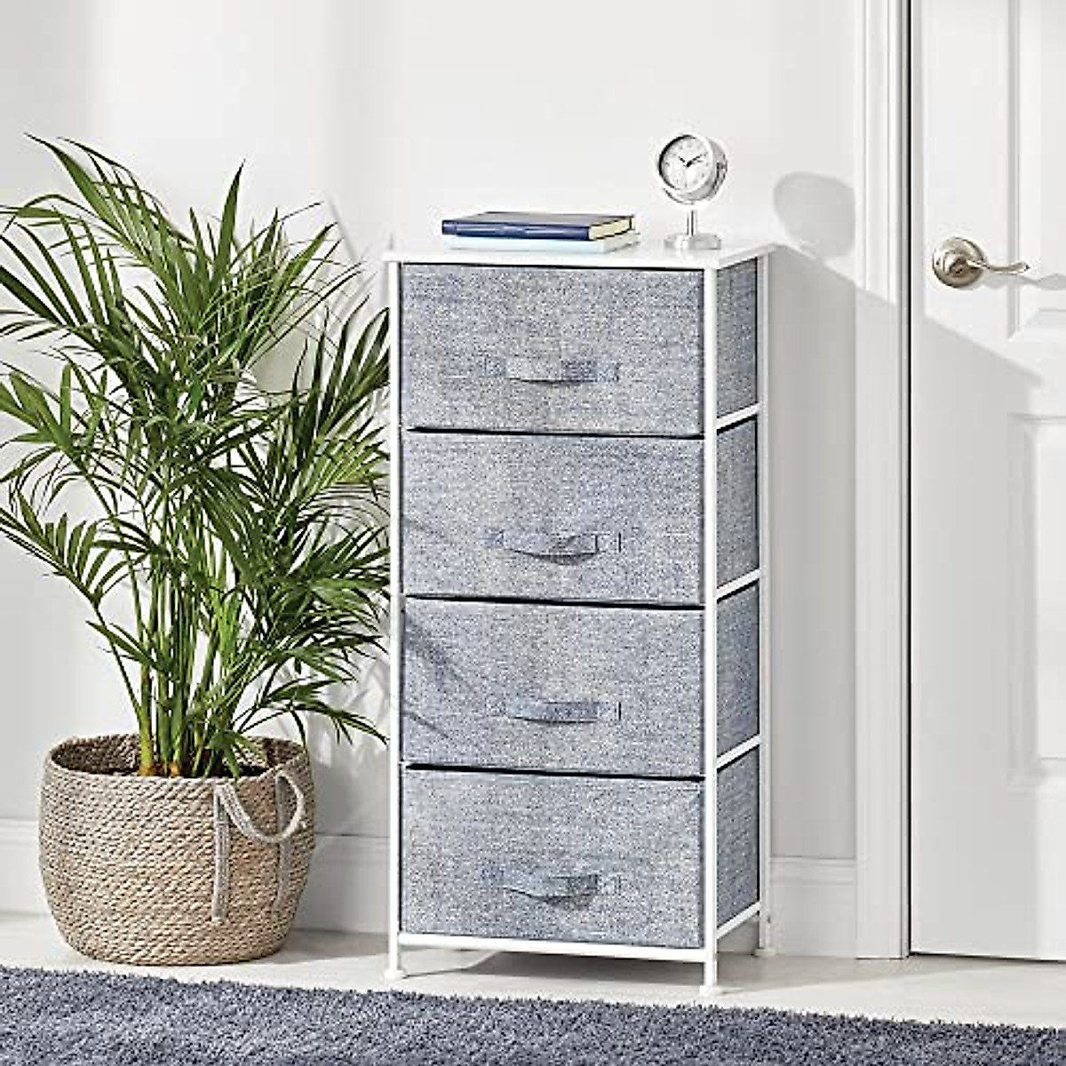 mDesign Tall Dresser Storage Tower Stand with 4 Removable Fabric Drawers - Steel Frame, Wood Top Organizer for Bedroom, Entryway, Closet - Jane Collection - Light Yellow/White