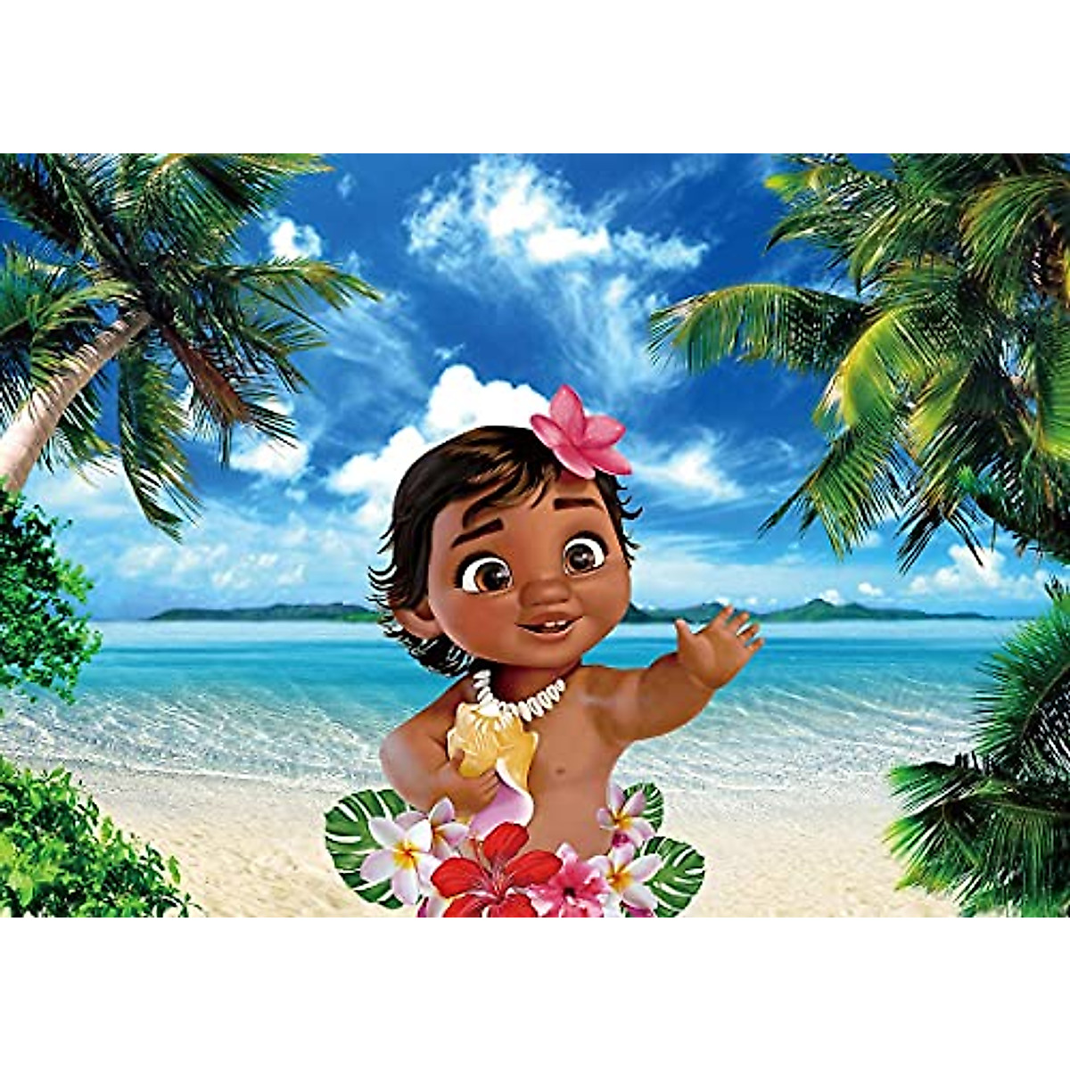 Baby Moana Backdrop Green Coco Tree Leaves Blue Ocean Photo Background Moana Themed Photography Backdrop7x5FT (7x5FT)