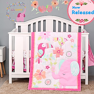 Brandream Crib Bedding Sets for Girls Pink Garden Elephant Parrot Birds 3-Piece Nursery Set | Baby Comforter, Fitted Crib Sheet, Crib Skirt Included, Floral Animal Collection