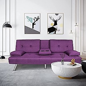ERYE Modern Convertible Futon Bed, Adjustable Functional Loveseat Compact Foldable Love Seat,Comfy Sleeper Daybed 3 in1 Recliner Sofa & Couch for Small Space Sofabed, Purple Linen