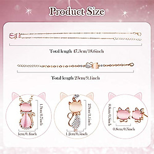 Hicarer 3 Pieces Cat Jewelry Set Cat Necklace Cat Bracelet Earring Pink Opal Pendant for Women Christmas Gift