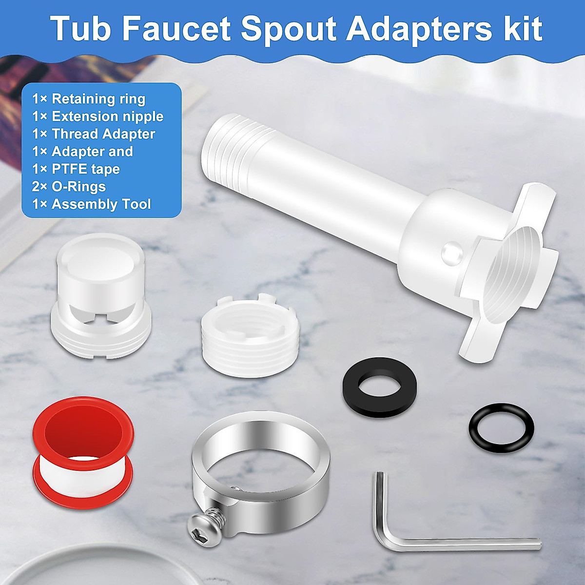 Four in One Tub Spout Adapter, Bathtub Faucet Spout Adapter kit, for Universal 1/2'' Copper Pipe, 1/2'' IPS and 3/4'' IPS, Includes Tub Spout Diverter Repair Kit with Assembly Tool