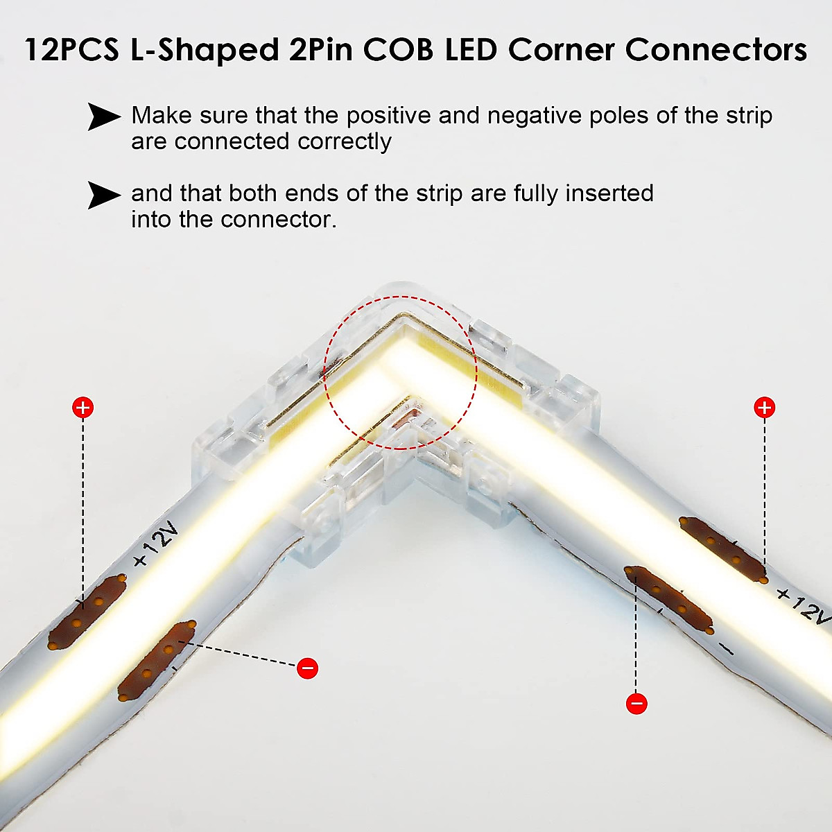 RGBZONE 12Pcs 2Pin L-Shaped COB LED Connectors 8mm Strip to Strip Solderless Corner Connector for 2pin 8mm COB LED Strip Lights