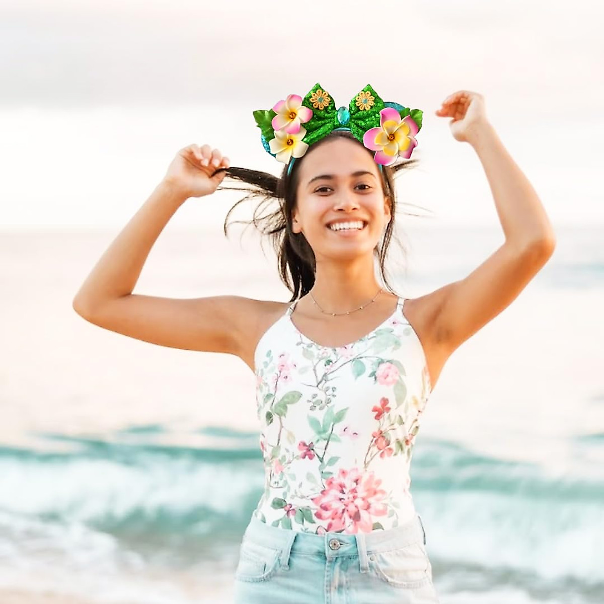 Kiddale Hawaiian Headbands Head Boppers,Tropical Flower Hair Band for Girls Women,Sequin Mouse Ear Flower Hair Accessories Costume Cosplay Headwear for Birthday Summer Luau Party Holiday Decorations