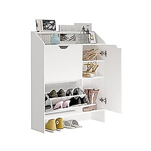 MYOYAY Shoe Storage Cabinets with Top Place Space and 2 Flip Drawers, White Modern Shoe Rack Parent-Child Upholstered Tipping Bucket Shoes Cabinet for Entryway Hallway Bedroom Corridor