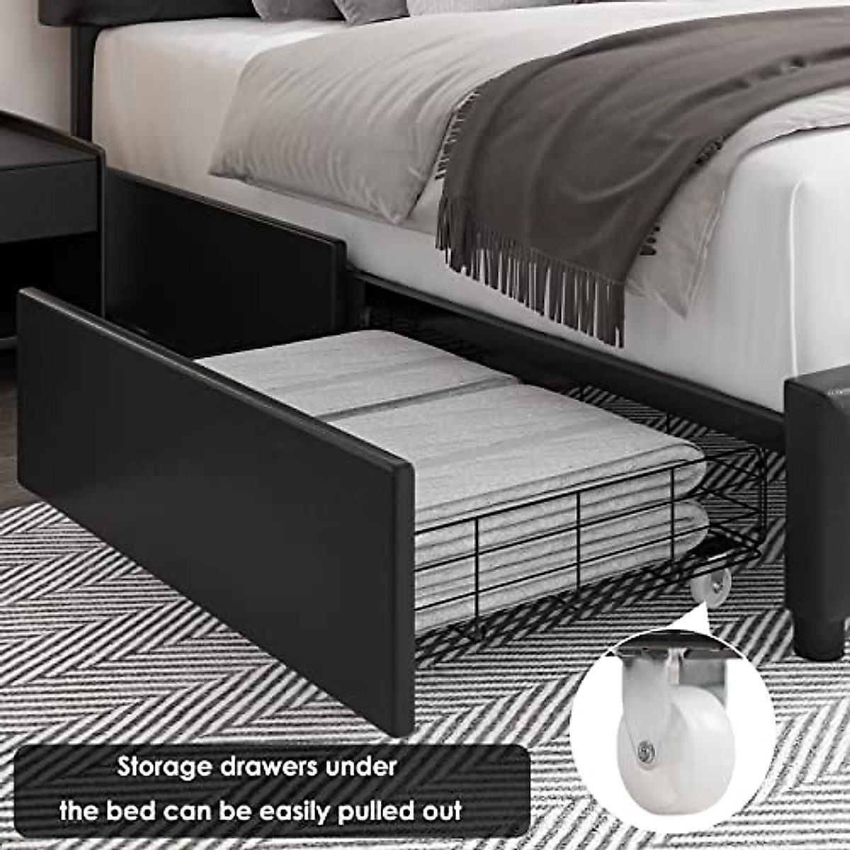 Keyluv Modern Upholstered Bed Frame with 4 Drawers, Faux Leather Platform Bed with Button Tufted Headboard, Solid Wooden Slat Support, Easy Assembly, Queen Size, Black