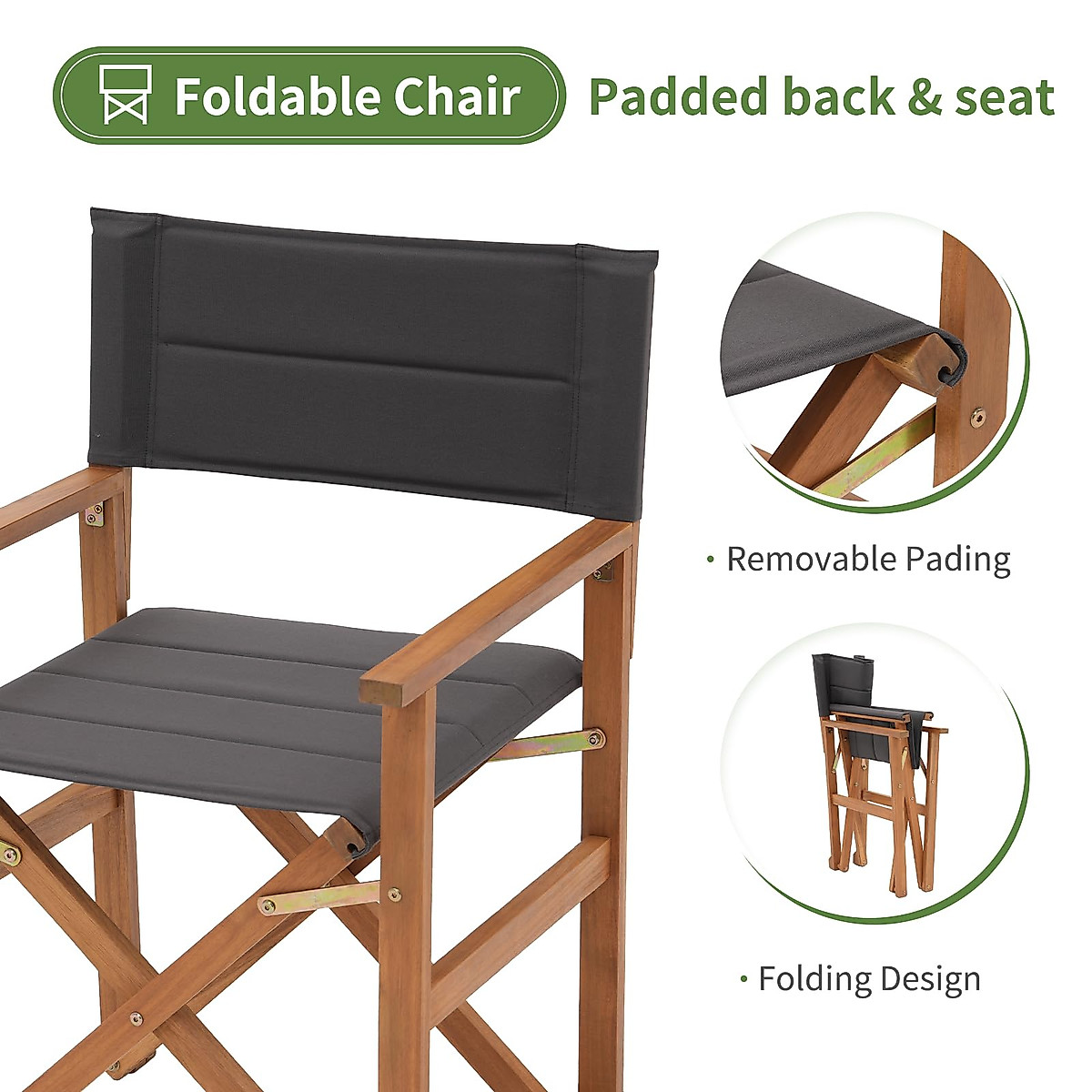 OC Orange-Casual 7 Piece Patio Dining Set, Outdoor Acacia Wood Furniture Set, Extendable Rectangular Table and 6 Folding Director Chairs w/Soft Padding, FSC Certified, for Backyard,Dark Grey