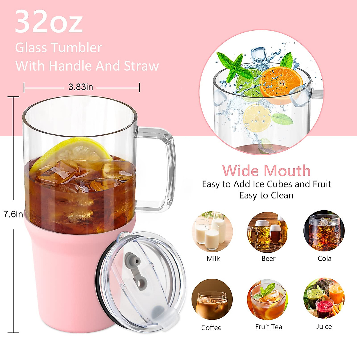 Sursip 32 oz Glass Tumbler with Handle, Glass Water Bottles with Lid and Straw, Reusable Iced Coffee Cup with Silicone Sleeve - Fits in Car Holder, BPA Free, Leak Proof, Dishwasher Safe (Pink)