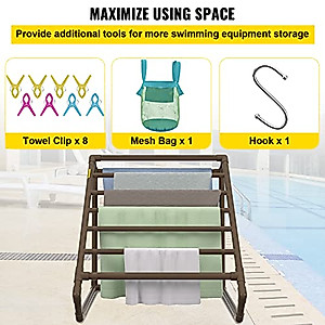 VEVOR Pool Towel Rack, 8 Bar, Brown, Freestanding Outdoor PVC Triangular Poolside Storage Organizer, Include 8 Towel Clips, Mesh Bag, Hook, Also Stores Floats and Paddles, for Beach, Swimming Pool