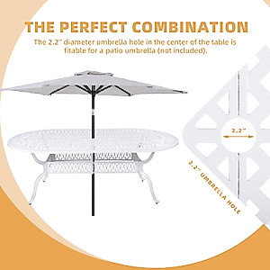 W WARMHOL 9-Piece Patio Dining Set, Outdoor Patio Table and Chair Set of 84” Oval Cast Aluminum Dining Table with Umbrella Hole and 8 Outdoor Dining Cushion Chairs, Patio Funiture Set, White