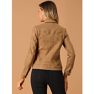 Allegra K Women's Turn-Down Collar Flap Pockets Snap Button Faux Suede Jacket Large Brown