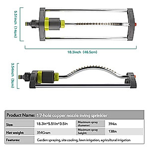 HH Together Metal Oscillating Garden Sprinkler 17 Clog-Resistant Brass Nozzles and Rust-Proof Aluminum Base, Large Area Watering Coverage, Great for Lawn, Front or Back Yard Sprinkling