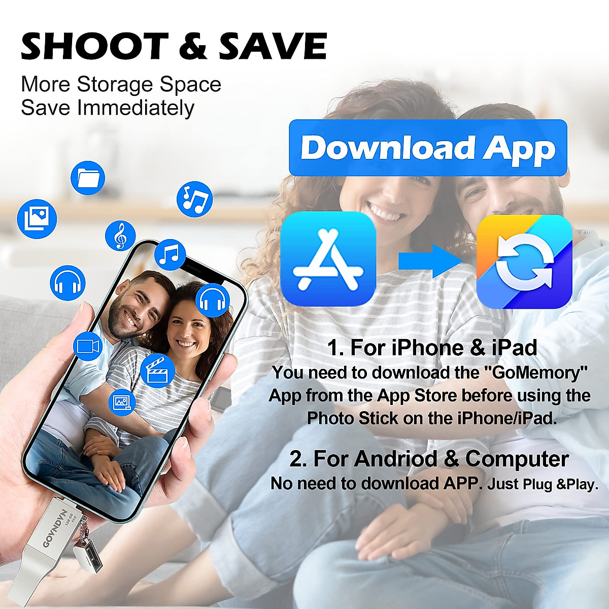 GOVNDVN MFi Certified 128GB iPhone Photo-Stick-USB-C iPhone-Flash Drive Photo-Storage-Thumb-Drive iPhone Backup Stick iPhone Memory Storage for iPhone 15/14/13/12/11 iPad Mac PC Android