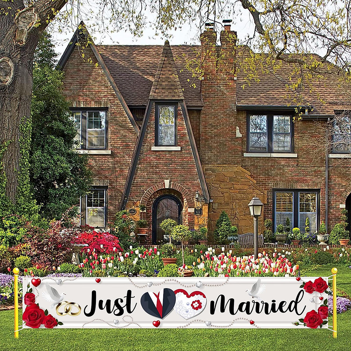 Labakita Large Just Married Banner, Wedding Ceremony Front Yard Banner Sign, Wedding Banner for Outside/Inside, Honeymoon Bridal Shower Wedding Party Decoration Supplies