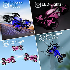 UNTEI 2 In 1 Mini Drones for Kids Remote Control Drone with Land Mode or Fly Mode, LED Lights,Auto Hovering, 3D Flip,Headless Mode and 4 Batteries,Toys Gifts for Boys Girls (Blue & Harbor Pink 2Pack)