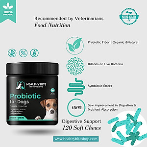 Healthy Bite Probiotic for Dogs - Dog probiotic for Diarrhea, Gut Health and Itching, 6 Different Bacterias, Dog Probiotic Chews - Prebiotic for Dogs - Made in USA - 120 Count