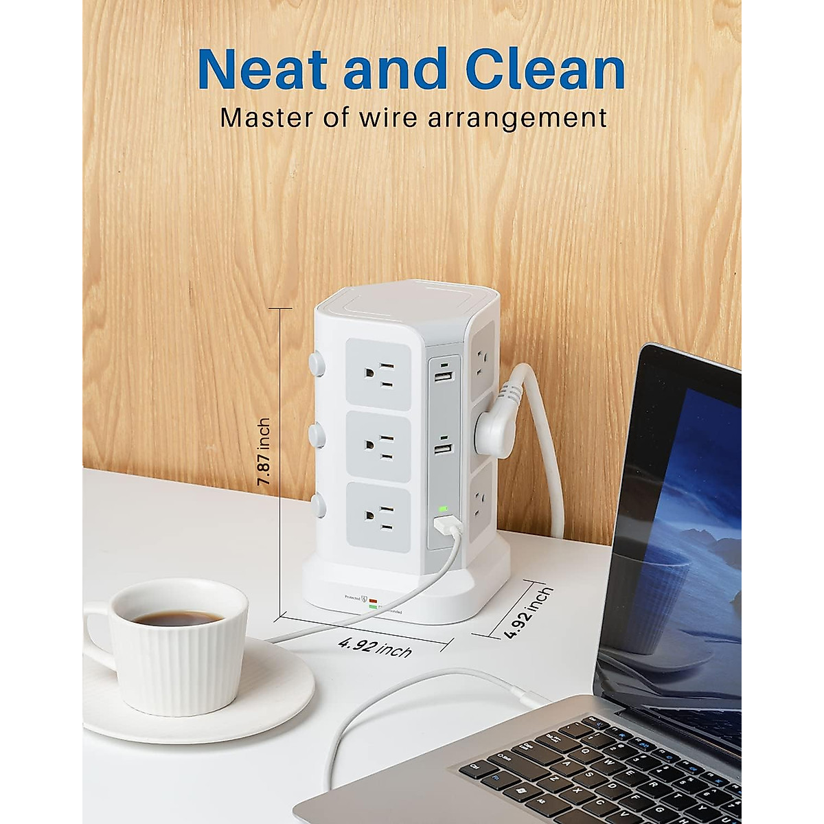 Power Strip Tower by KOOSLA, [15A 1500J] Surge Protector - 12 AC Multiple Outlets and 6 USB Ports, Flat Plug 14 AWG Heavy-Duty Extension Cord 6.5ft, Home Office Supplies, Dorm Room Essentials White