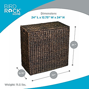 BIRDROCK HOME Handwoven Double Laundry Hamper | Removable Liner Bags | Laundry Basket with Lid - College Dorm Room Essentials, Bathroom, Bedroom, Home Clothes Storage, Organization | Espresso