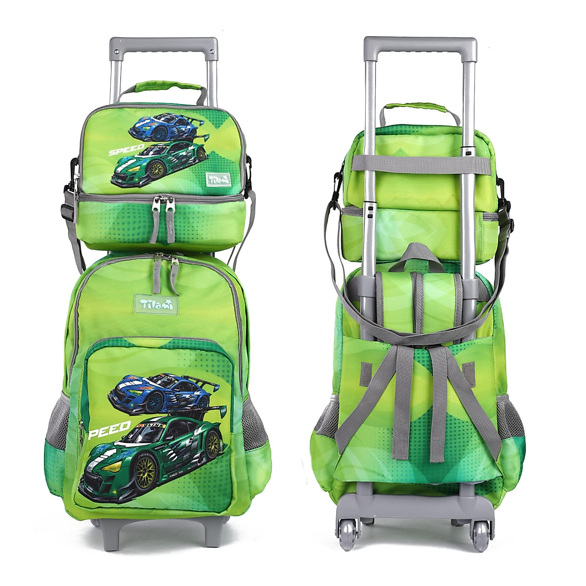 Tilami Rolling Backpack 18 inch Double Handle with Lunch Bag Wheeled Kids Backpack, Spaceship Blue