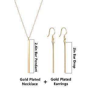 CULOVITY Simple Long Necklace Earrings Set Vertical Bar Pendant Necklaces Bar Drop Earrings Lariat Chain Polished Jewelry for Women, 2.4" Pendant 35" Chain Gold Plated