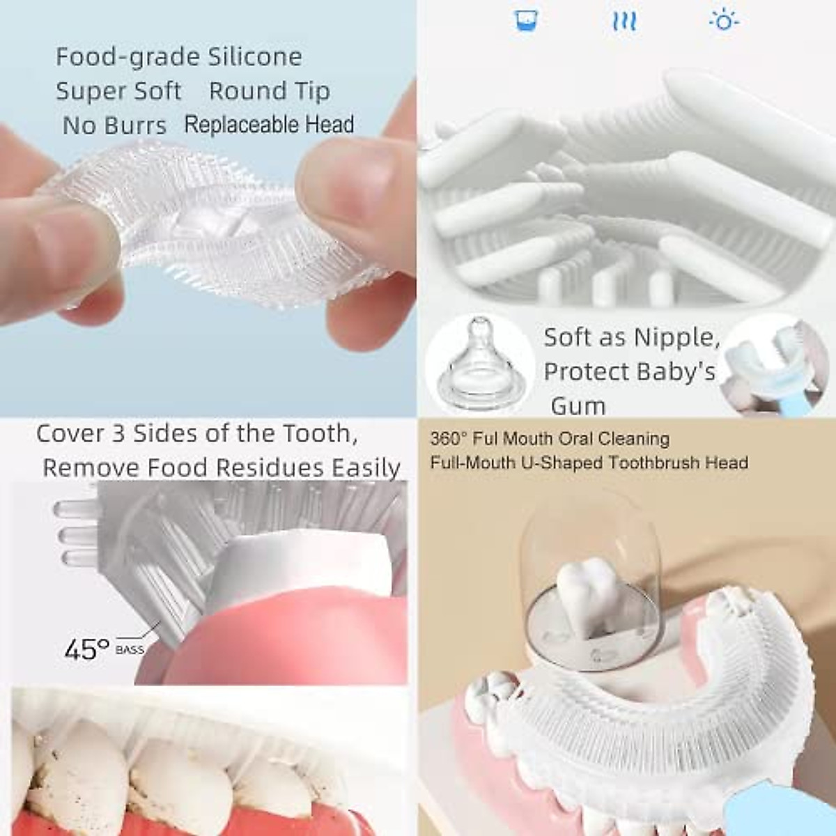 Toddler Children 360 U Shaped Toothbrush Kid Age 2-6&2-4&4-7&6-8 Yr All Rounded Teeth Brush Head Pack, Easy Circular Wide 3 Side Foam Manual Boy Girl Full Whole Mouth Guard Cepillo Dental Para Nios