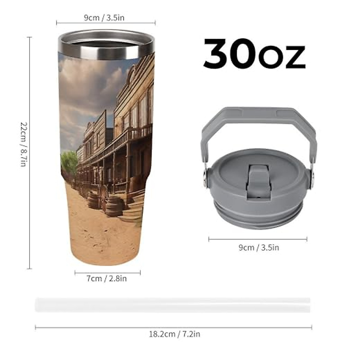 BWQJKUO Large Capacity Car Cup 30 Oz Stainless Steel Old Wild West Cowboy Town Printed Travel Mug Leak-proof Flip Straw Tumbler with Handle,keeps Cold Or Ho
