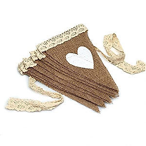 FQTANJU 12Pcs Vintage Heart Jute Burlap Bunting Banner Hessian Flag for Wedding Party Decoration White Lace 2.5m